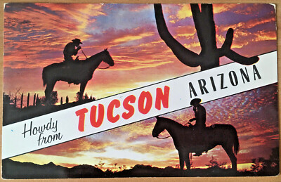 Howdy from Tucson AZ ~ SUNSET ~ Cowboys on Horses by Saguaro Postcard ...