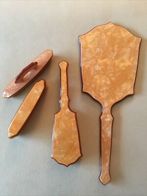 Vintage Bake O’ Lite Or Celluloid Vanity/Dresser Set Pearlized Peach ...