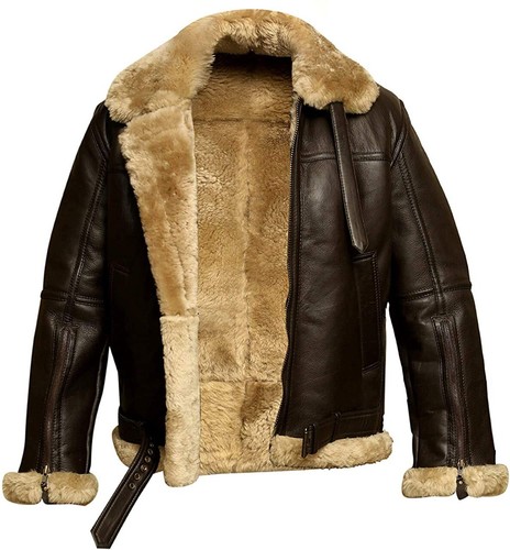 Men's RAF Aviator Real Fur Leather Jacket Coat Bomber B3 SheepSkin ...