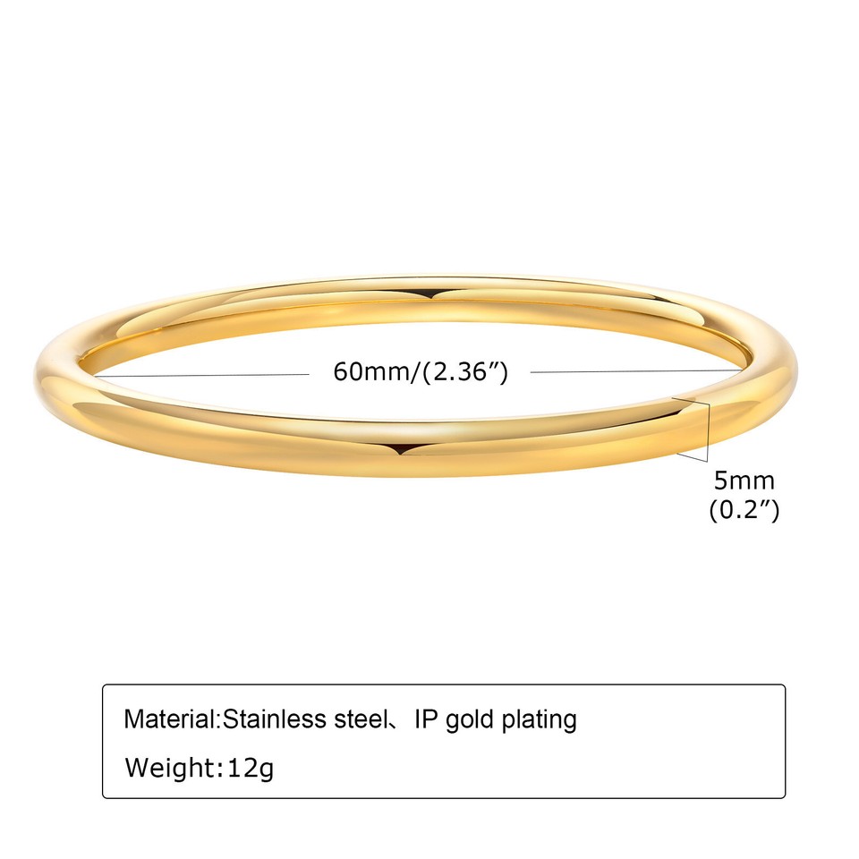 18K Gold Plating Round Bangle 5mm Womens Stainless Steel High Polished ...