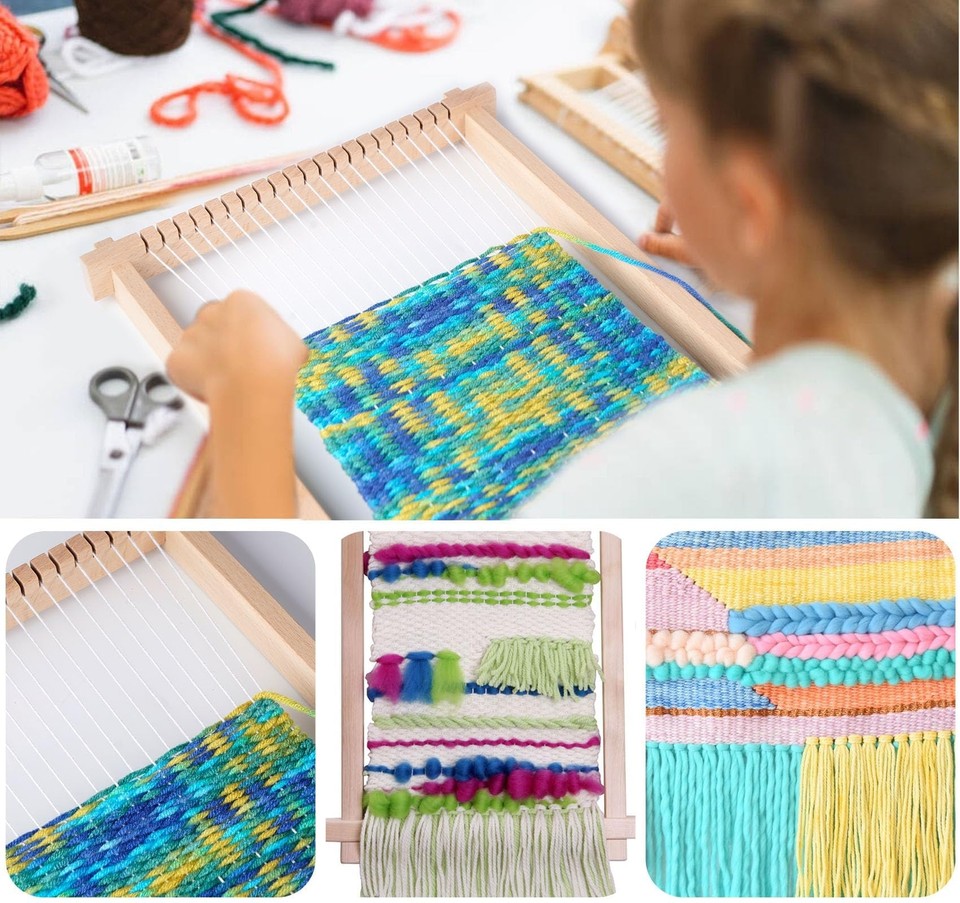 9x11 Weaving Loom Kit Kids DIY Craft Set Wooden Loom Shuttles Yarns | eBay