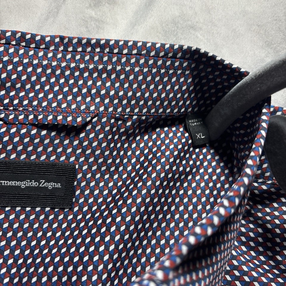 Zegna Men's Button Up Long Sleeve Dress Shirt Geometric Print Blue ...