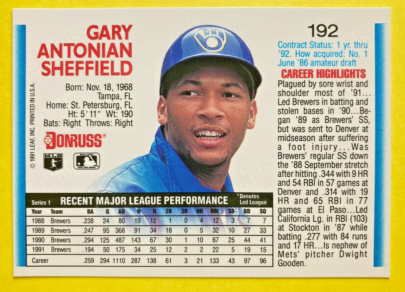 1992 Donruss Gary Sheffield #192 Baseball Card Milwaukee Brewers (9x AS ...