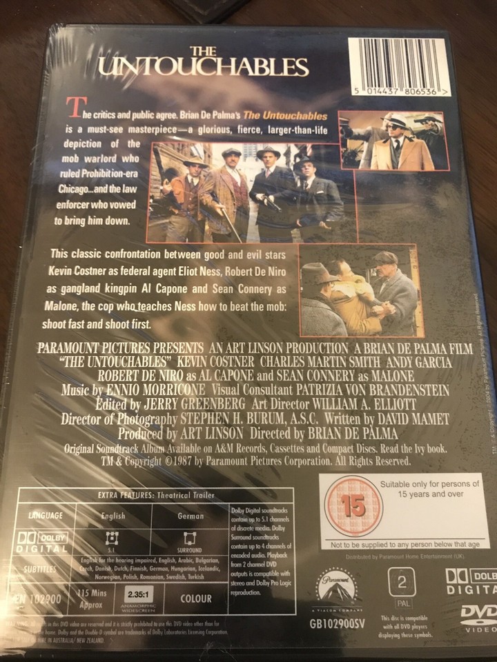 THE UNTOUCHABLES DVD SEALED KEVIN COSTNER, SEAN CONNERY & ROBERT DE ...