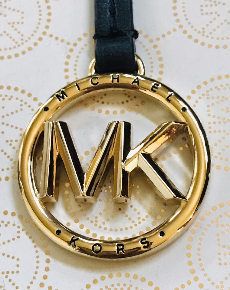 New Michael Kors MK Logo Gold Charm / Black Leather Strap Handbag Hang ...