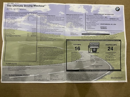 2006 BMW Z4 M Roadster Z4M Window Sticker MSRP Label Page Used | eBay