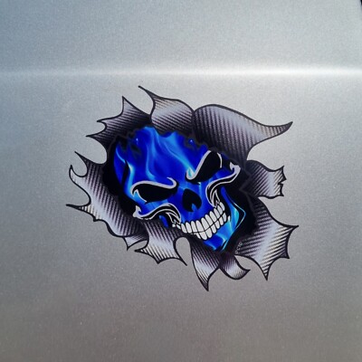 Blue Flames Skull Ripped Carbon Fibre Vinyl Sticker Decal For Car Van ...