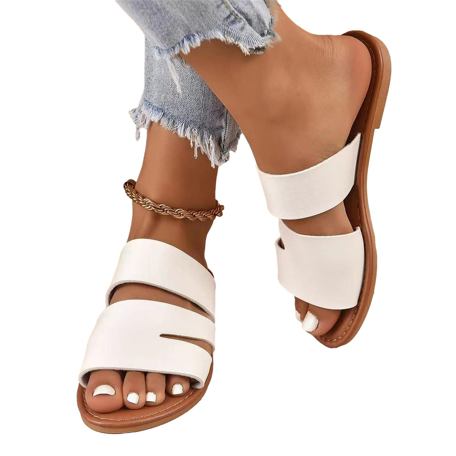 Womens Leather Dressy Large Size Flats Slingback Summer Sandals Shoes ...