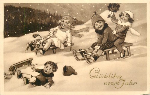 Winter fantasy drawn children sledge 1934 Germany New Year greetings ...