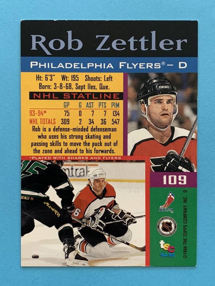ROB ZETTLER Signed 1994-95 TSC #109 Philadelphia Flyers SJ Sharks ...