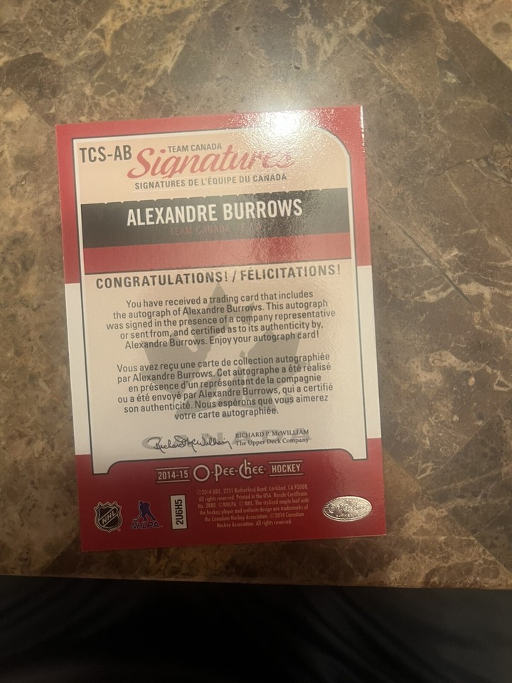 2014-15 Team Canada Signatures OPC Alexandre Burrows Signatures TCS-AB ...