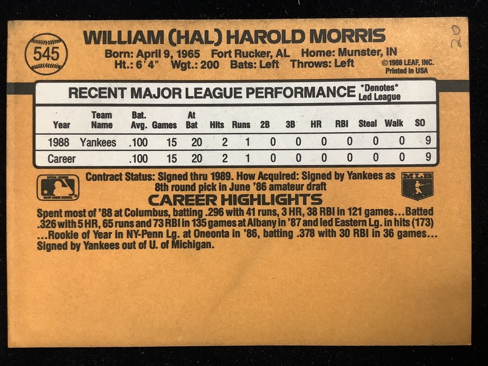 Hal Morris Signed 1988 Leaf #545 Baseball Card New York Yankees ...