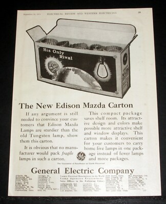 1912 OLD MAGAZINE PRINT AD, GENERAL ELECTRIC, THE NEW EDISON MAZDA ...