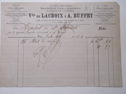 Lima Peru 1873 billhead invoice Lacroix A Buffet Suits $ Specialty ...