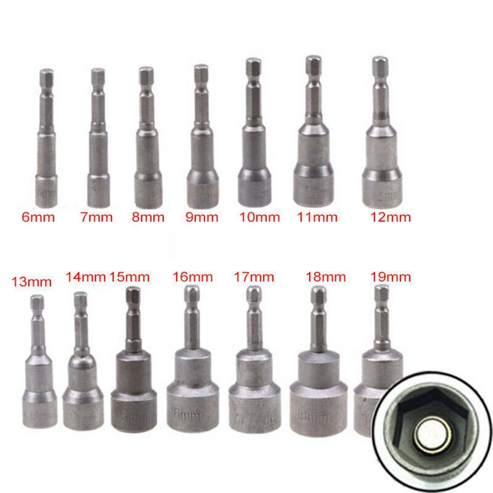 14* 1/4" Nut Driver Bit Set Hex Magnetic Metric Socket Impact Drill 6 ...