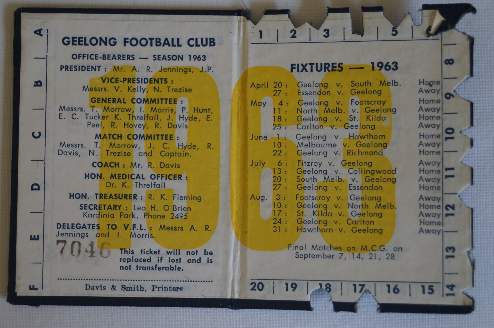 Geelong Cats AFL VFL Vintage 1963 Members Season Ticket Premiership ...