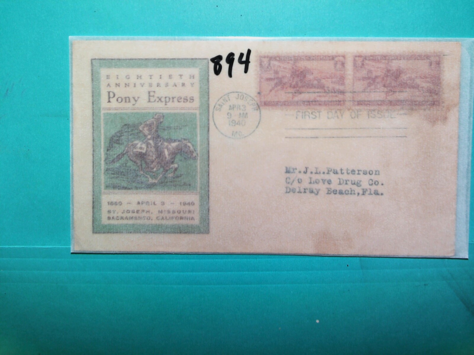 U. S. Stamp FDC 894 - Pony Express -green unsigned cachet- St. Joseph ...