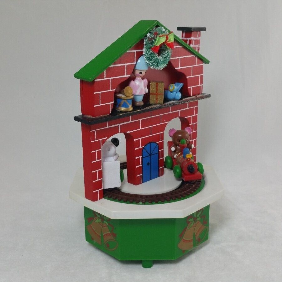 Vintage H H Wood Christmas Music Box House With Train Wreath Plays ...