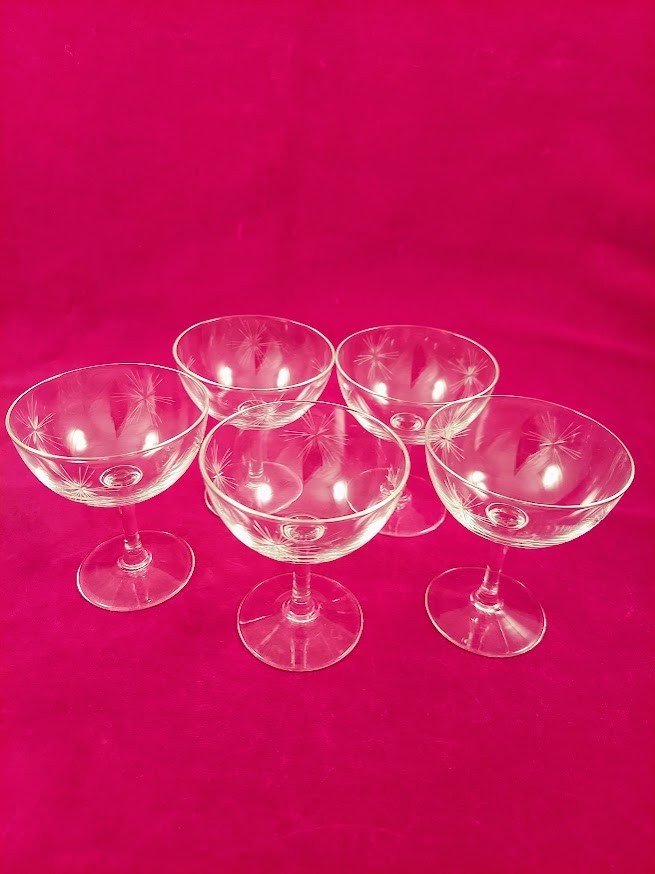 5 Vintage Atomic Starburst Sherbet Glasses Stars Cut Glass Champagne ...