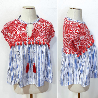 THML Red/Blue Boho Baby Doll Blouse XS | eBay