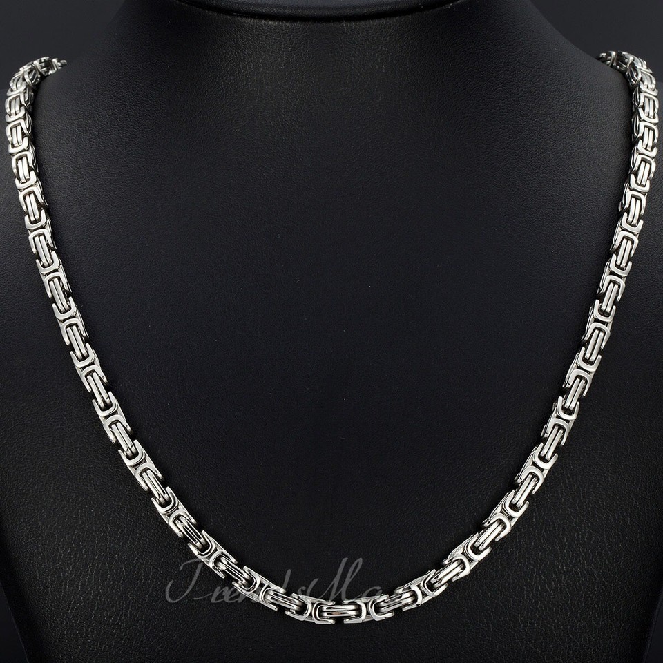 5MM Silver Stainless Steel Byzantine Box Necklace Men Unisex Link Chain ...