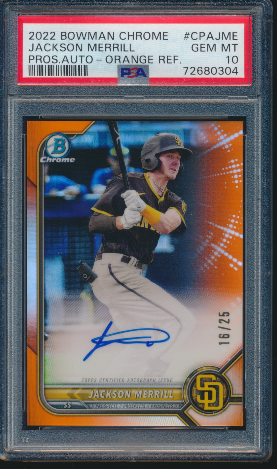 PSA 10 JACKSON MERRILL AUTO 2022 Bowman Chrome ORANGE REFRACTOR #/25 RC ...