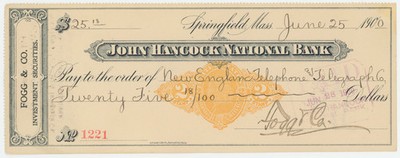 RN-X7 John Hancock Nat'l Bank check, Fogg & Co. Investment, Springfield ...