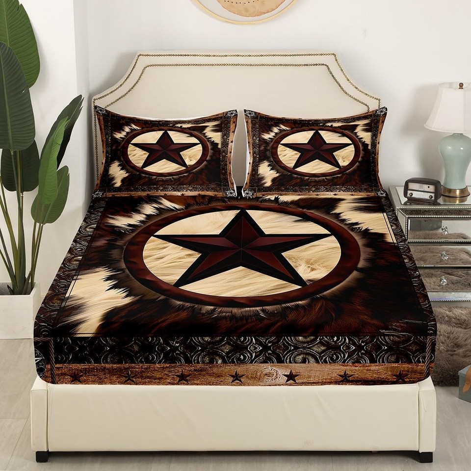 Rustic Cow Print Bed Sheets Queen,Vintage Western Texas Star Sheet Set ...