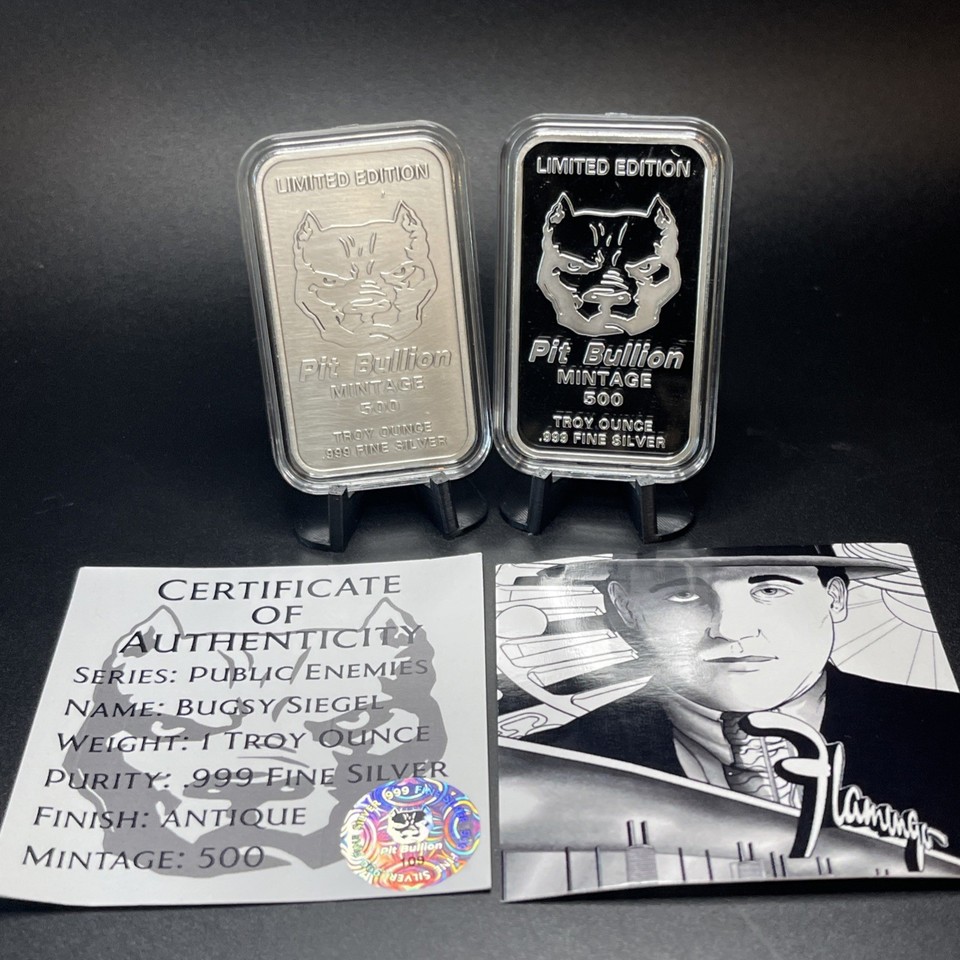 Lot Of (2) 1oz Bugsy Siegel Pit Bullion Proof & Antiqued .999 Silver ...