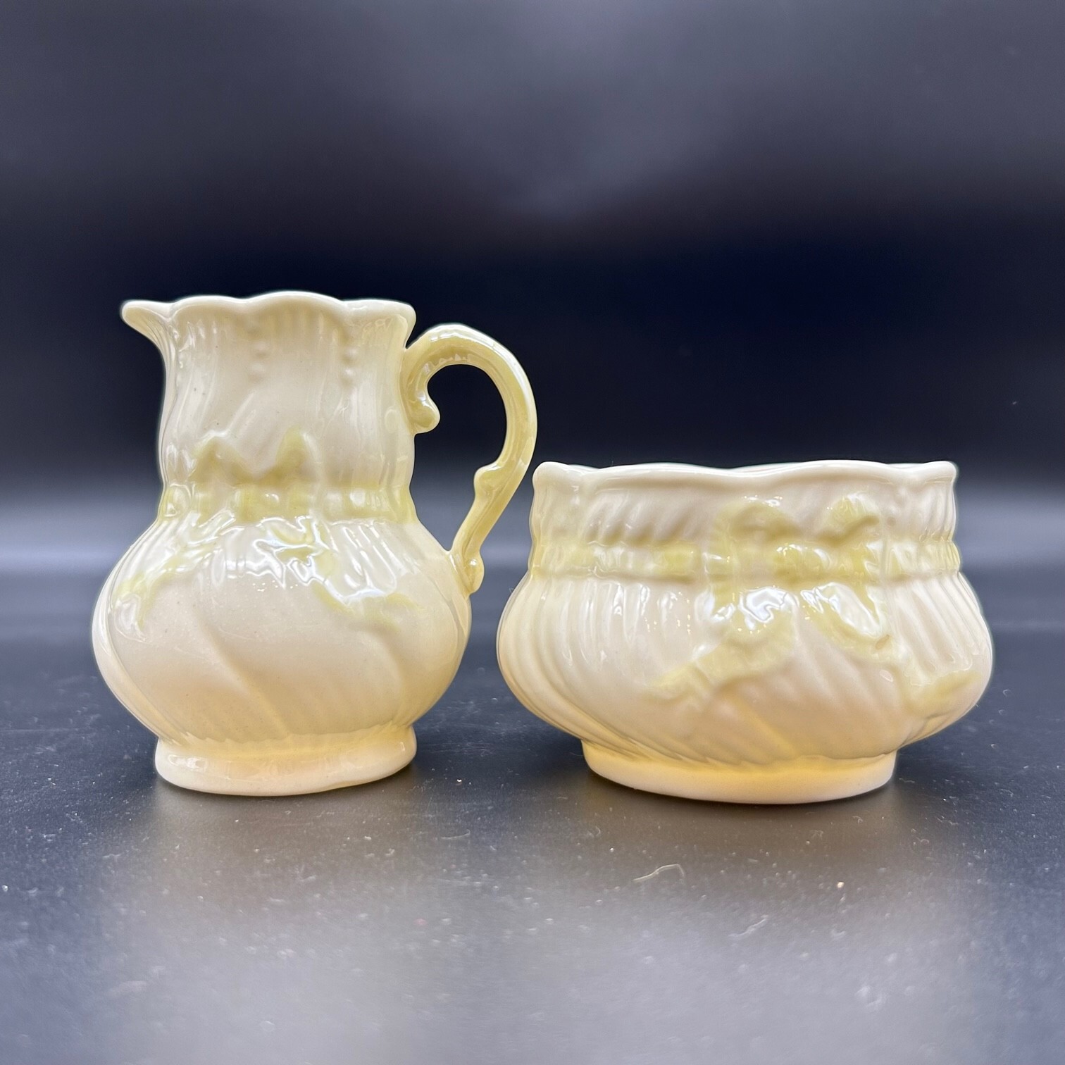 Belleek Irish Pottery Yellow Ribbon Creamer & Open Sugar Bowl Set 1965 ...