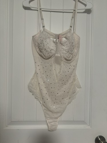 🔥NWT VICTORIAS SECRET EMBELLISHED RHINESTONE TEDDY BODY SUIT XXL CREAM ...