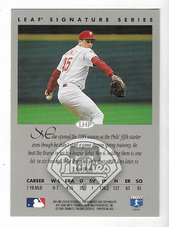 Mike Mimbs 1996 LEAF MLB SIGNATURE SERIES AUTOGRAPH CARD Phillies AUTO ...