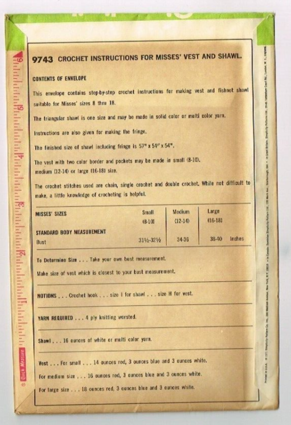 Crochet Patterns Shawl Vest Simplicity 9743 1971 Vintage Unused Pattern ...