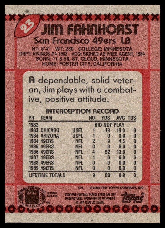 1990 Topps Jim Fahnhorst San Francisco 49ers #23 | eBay