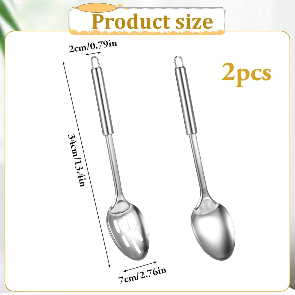 2 Pcs Large Cooking Spoon Set Stainless Steel Kitchen Solid & Slotted ...