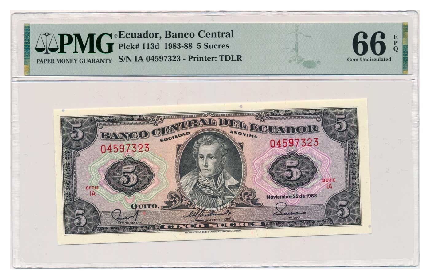 ECUADOR banknote 5 Sucres 1988 PMG grade MS 66 EPQ Gem Uncirculated | eBay