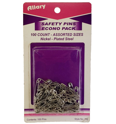 Allary Safety Pins Econo Pack, 100 Pieces in Assorted Sizes Nickel ...