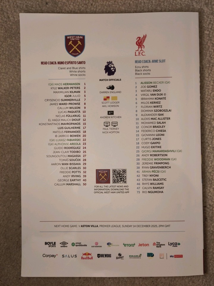 West Ham v Liverpool 2025/26 programme | eBay UK