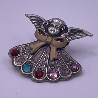 Vintage Silver-Tone Angel w/ Bow Gemstones Hat Tie Lapel Pin Pinback | eBay