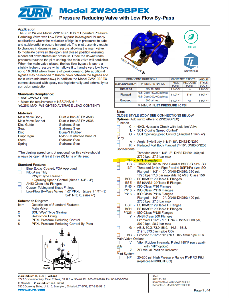 ZURN 112-ZW209BP 1-1/2"" Pressure Reducing Valve With Low Flow Bypass ...