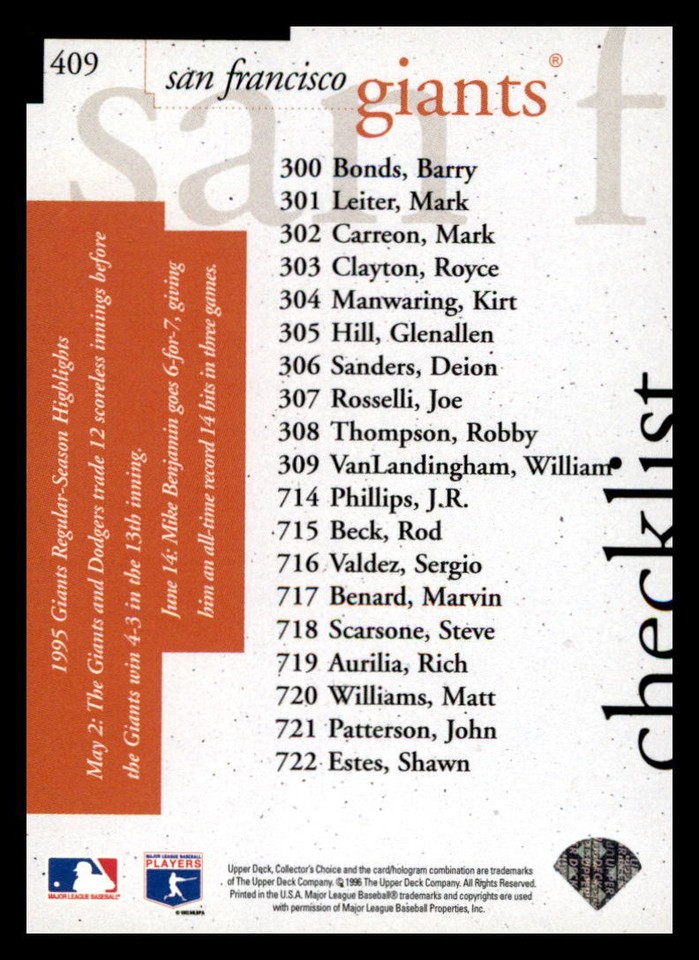 1996 Collector's Choice #409 Giants Checklist | eBay