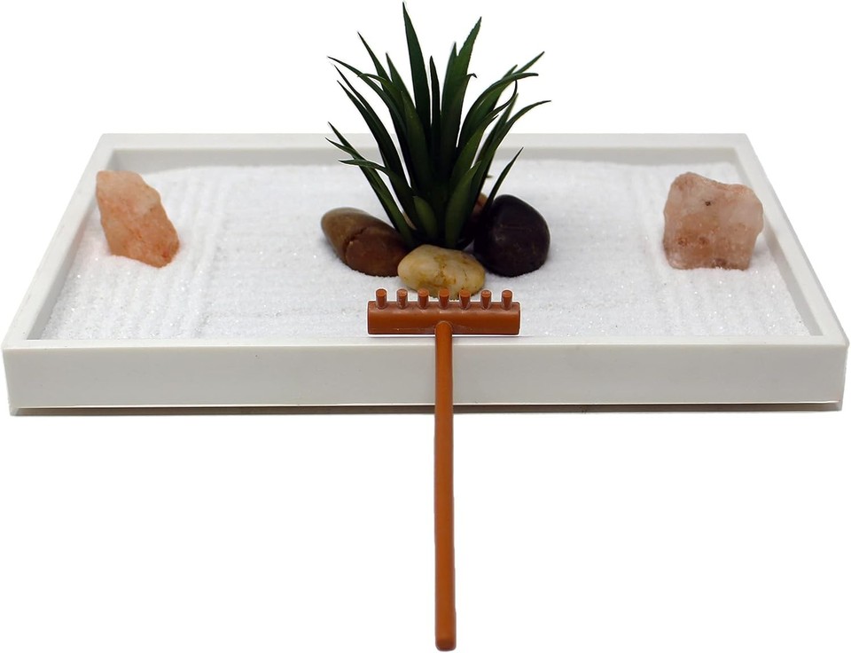 Nature's Mark Mini Zen Garden Kit for Desk with White Sand, Rake, White ...