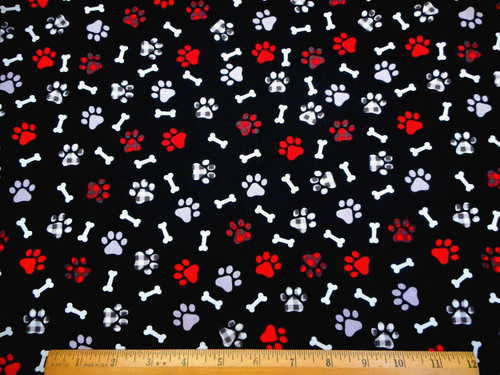 Dog Fabric By Yard Red White Gray Paw Prints & Bones on Black Premium ...