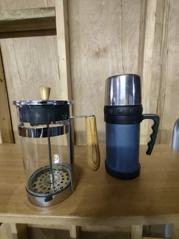 Vtg. French Press Glass Wood Breakfast Coffee Maker Thermos w Soupspoon ...