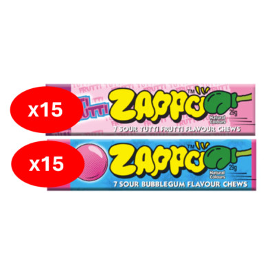 COMBO ZAPPO x 30 26g PACKETS - SOUR TUTTI FRUTTI & BUBBLEGUM FLAVOUR ...
