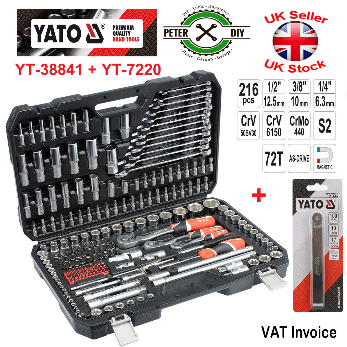 Socket Set 1/2 1/4 3/8 Yato Ratchet Tools Toolbox YT-38841 + YT-7220 ...