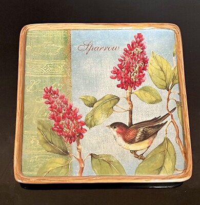 NEW 6” Square Ceramic Plate Botanical Birds Sparrow by Susan Widget | eBay