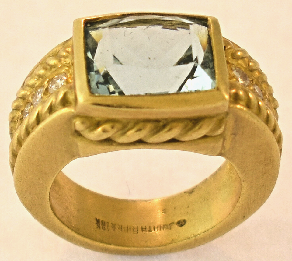 JUDITH RIPKA -18K Green Gold Aquamarine Diamond (TDW .35Ct.) Ring Sz 5 ...