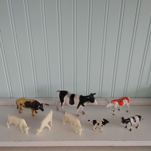 Mixed Lot of Eight (8) Vintage Toy Cows Ranging from 5" long to 2" long ...