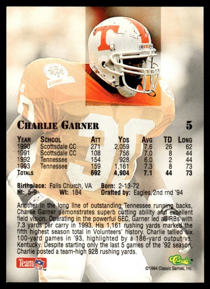 1994 Classic NFL Draft CHARLIE GARNER #5 Eagles / UT Tennessee FREE ...